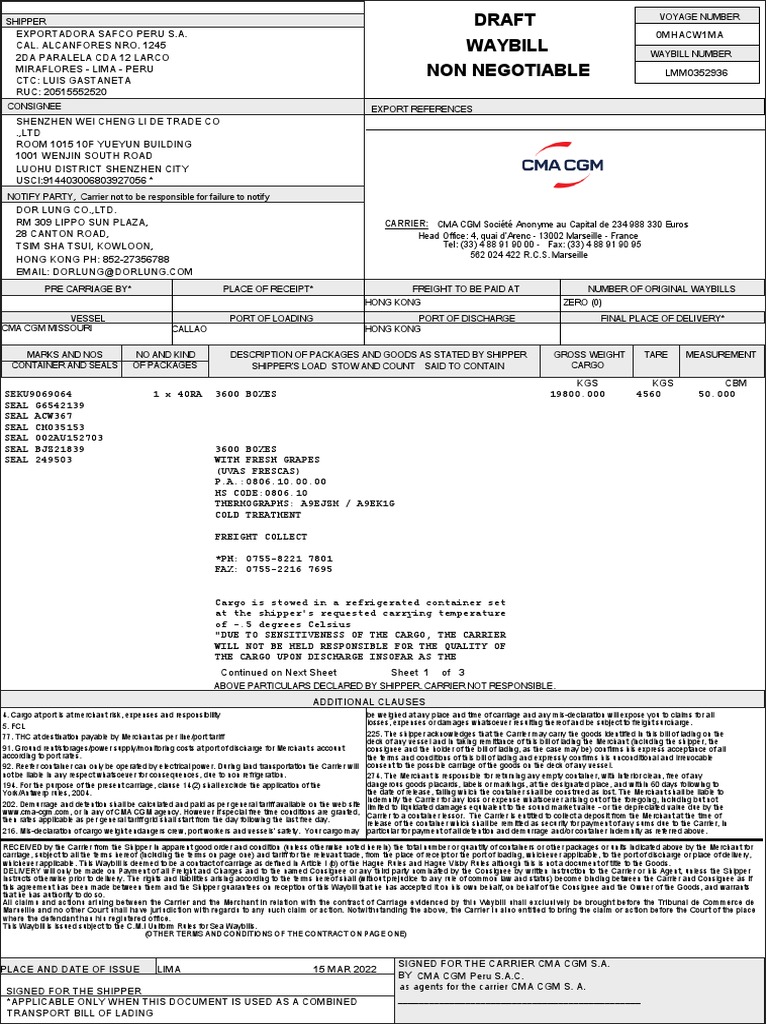 Modelo de BL - MARITIMO | PDF | Bill Of Lading | Cargo