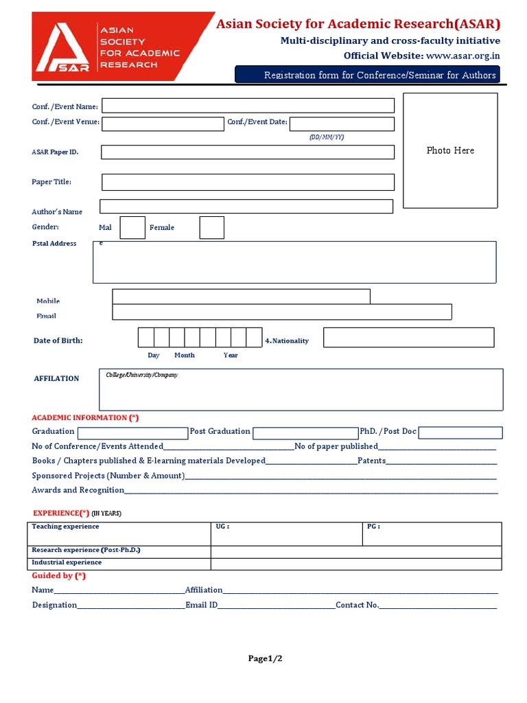 Asian Society For Academic Research (ASAR) : Registration Form For ...