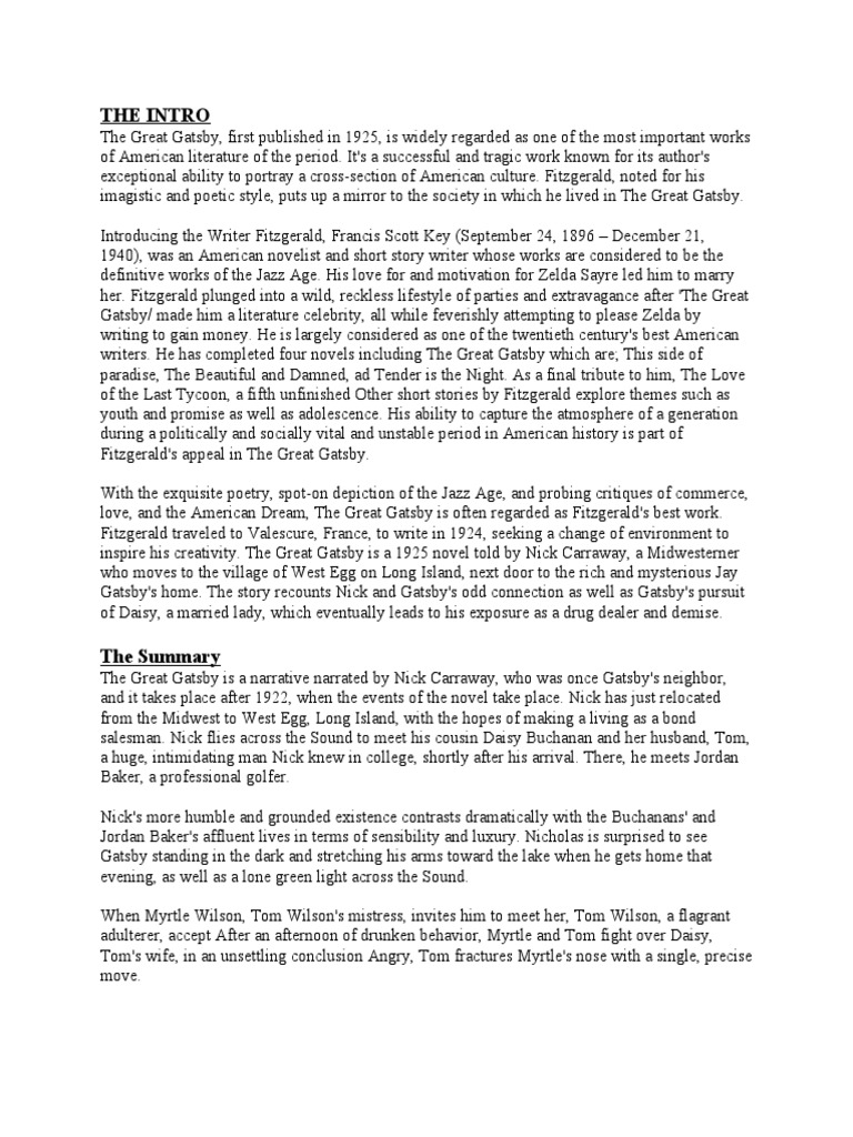 The Great Gatsby Introduction | PDF | The Great Gatsby | F. Scott ...