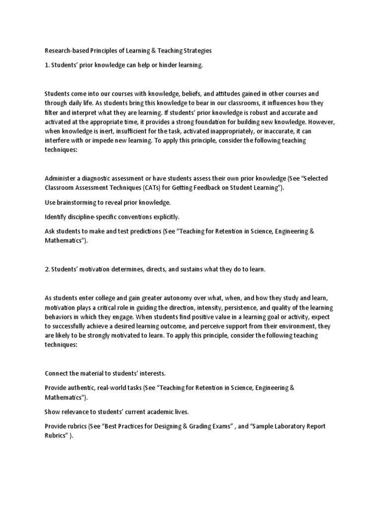 Research-Based Knowledge and Principles of Teaching and Learning | PDF | Learning | Educational ...