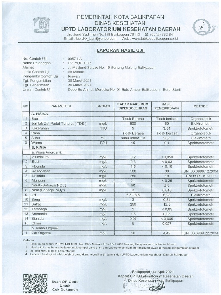 Laporan Hasil Uji Air | PDF