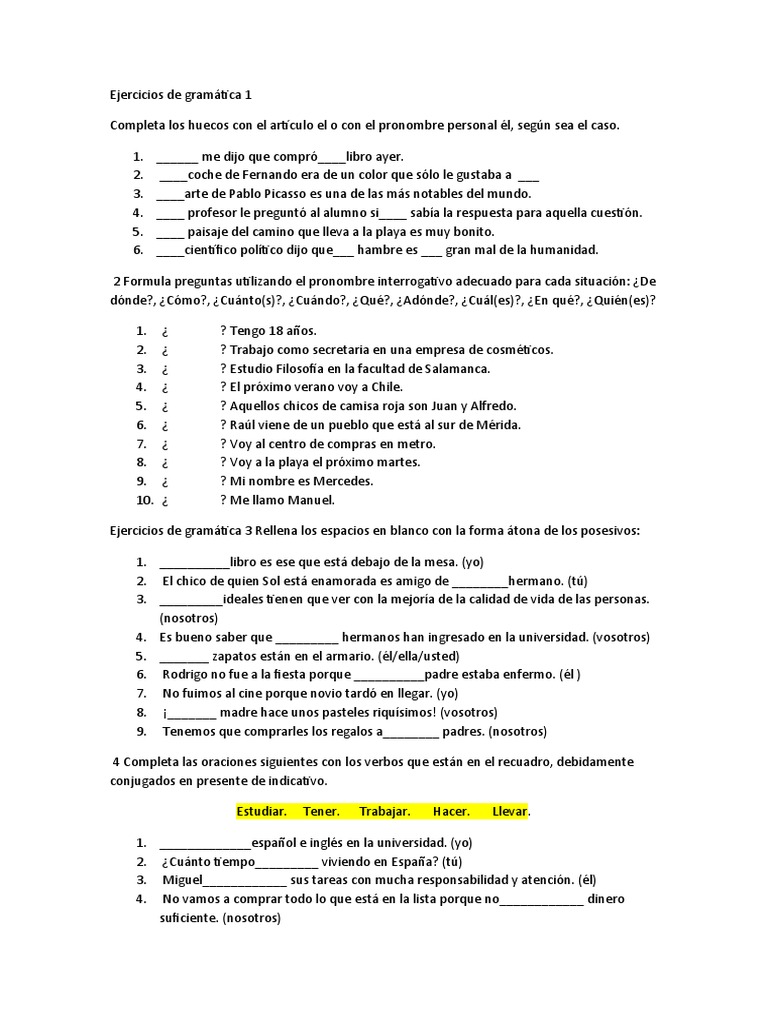 Ejercicios de Gramática 1 | PDF