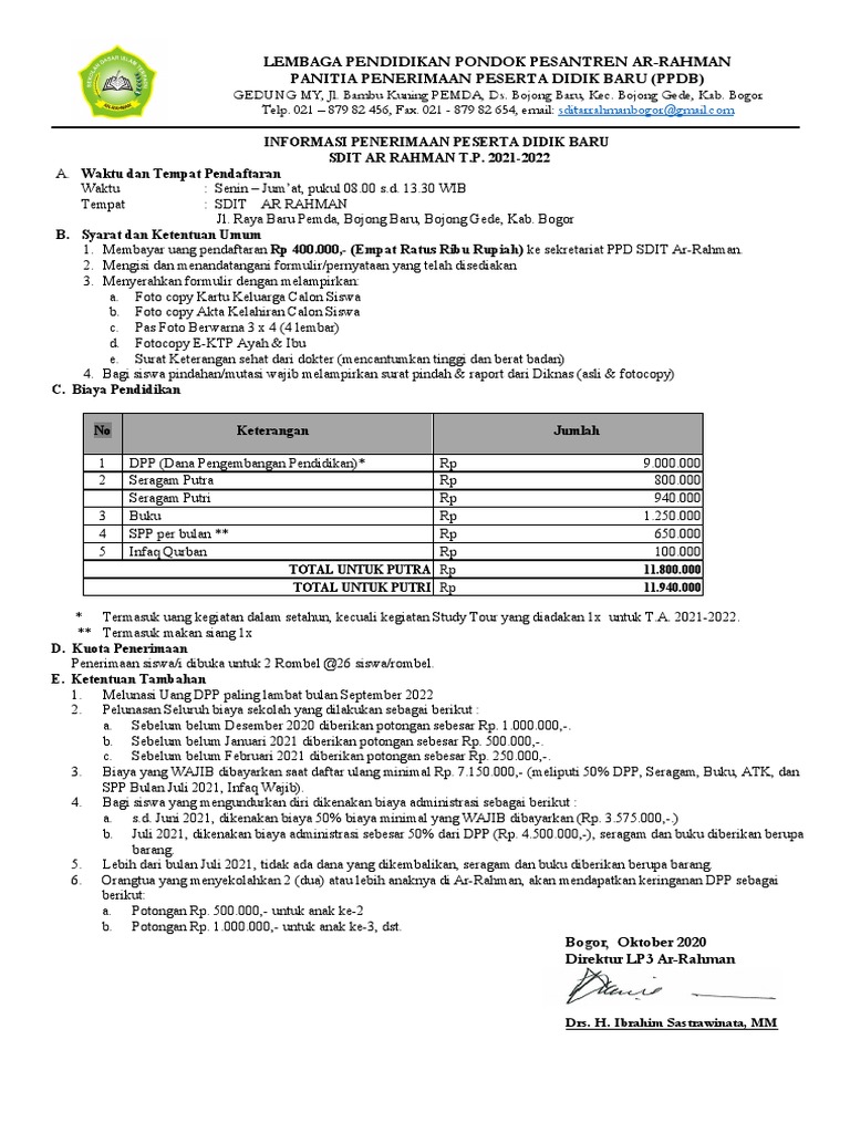 Panduan PPDB SDIT Ar Rahman | PDF
