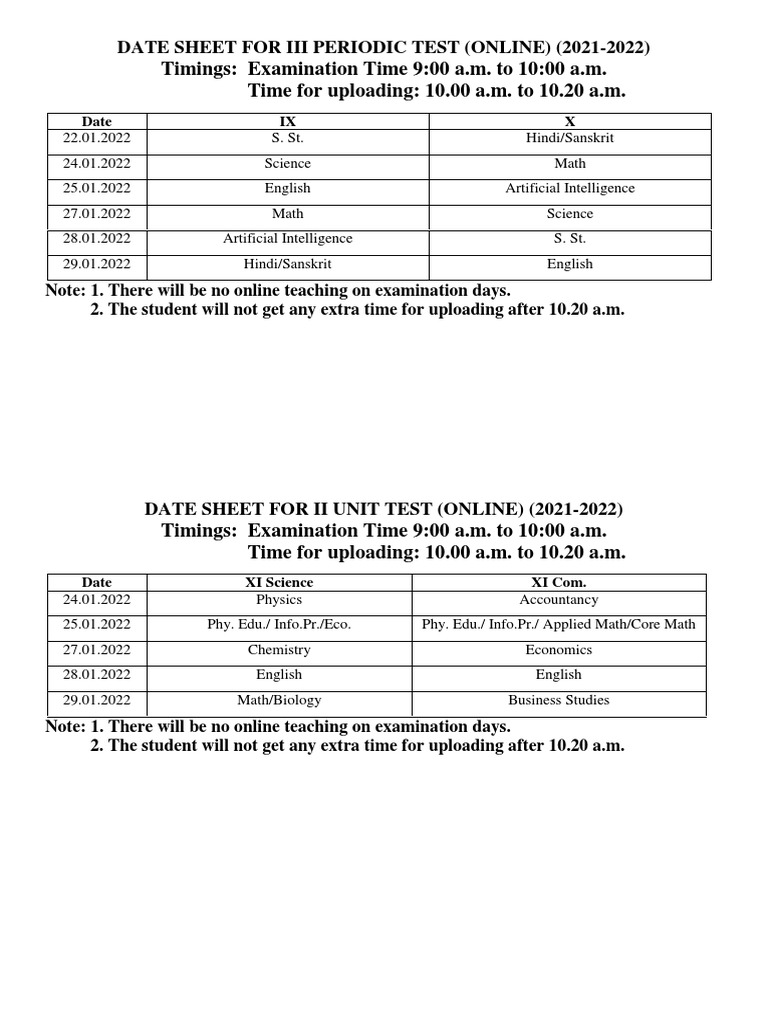 2021-2022 Online Exam Date Sheet | PDF