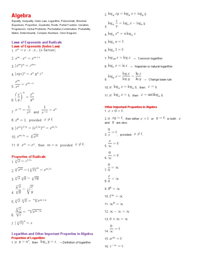 Algebra: Laws of Exponents and Radicals | PDF | Equations | Quadratic ...