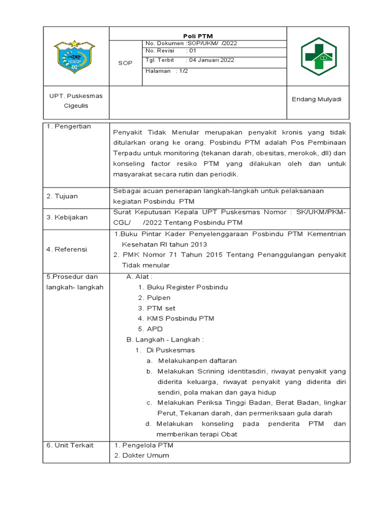 SOP-PTM Di Puskesmas | PDF