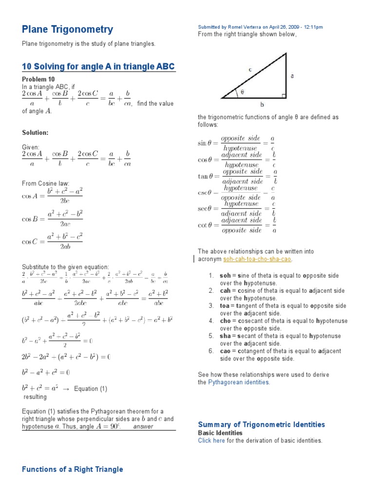 Plane Trigonometry Formulas Pdf Trigonometric Functions Trigonometry