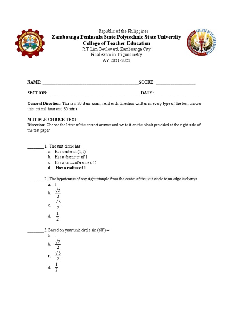 Trigonometry Final Exam | PDF | Trigonometric Functions | Circle