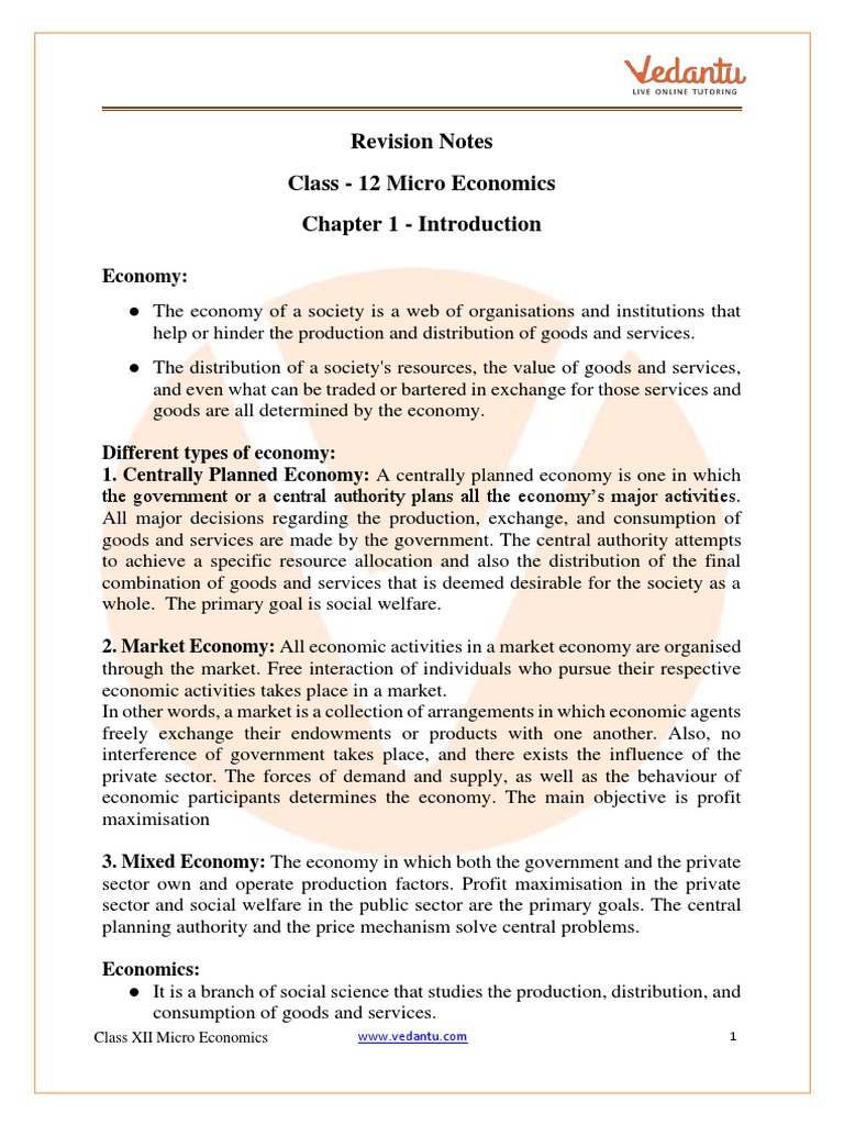 Class 12 Micro Economics Chapter 1 - Revision Notes | PDF | Economics ...