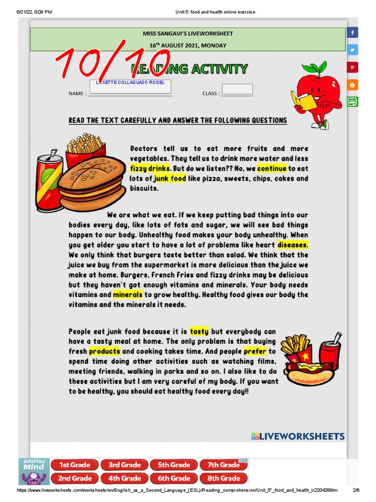 Unit 5 - Food and Health Online Exercise | PDF
