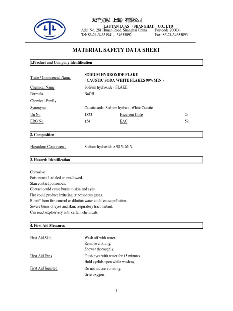 MSDS NAOH FLAKE (Kop LTL) | PDF | Sodium Hydroxide | Personal ...