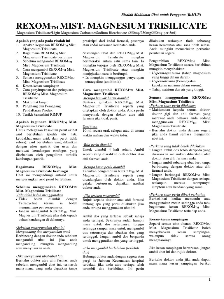 Rexom Mist. Magnesium Trisilicate | PDF | Sains & Matematika