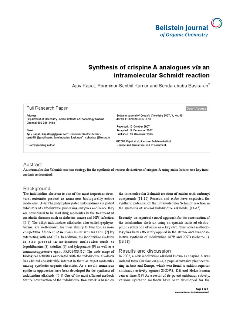 Synthesis of Crispine A Analogues Via An Intramolecular Schmidt ...