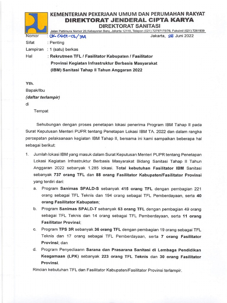 314 Rekrutmen TFL Keg IBM Sanitasi Tahap II Ta 2022 | PDF