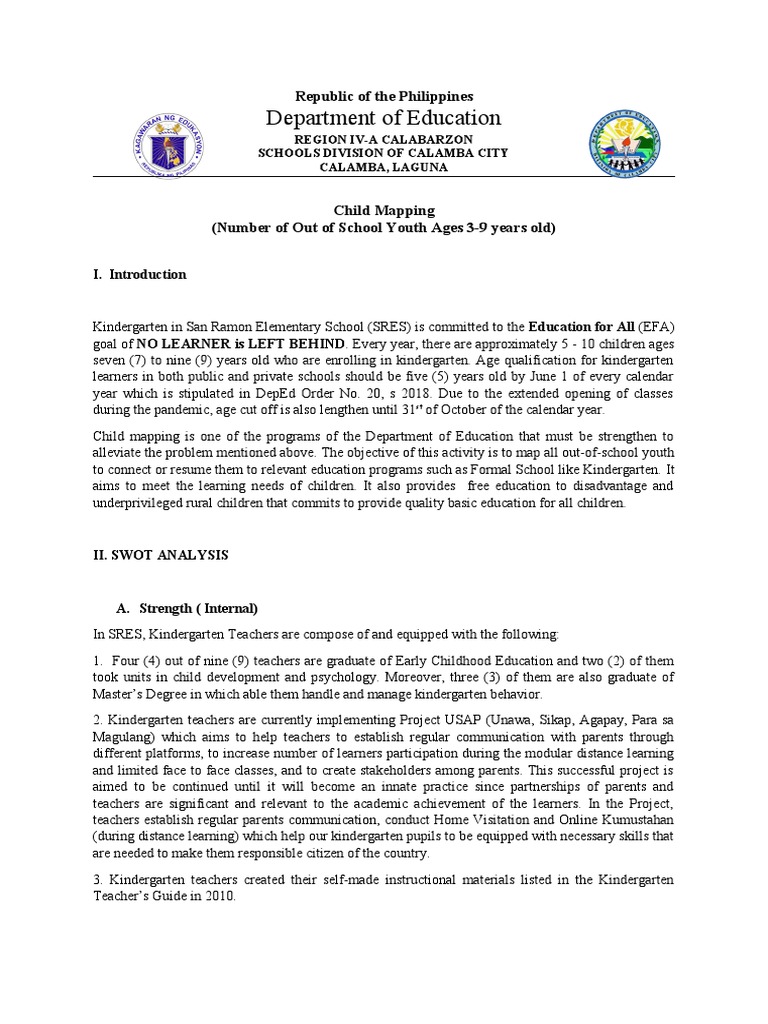 SWOT Analysis for Kindergarten Education | PDF | Kindergarten | Learning