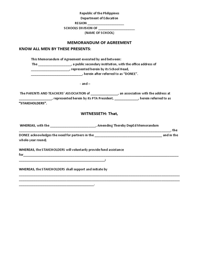 School-PTA Memorandum of Agreement | PDF | Government | Justice