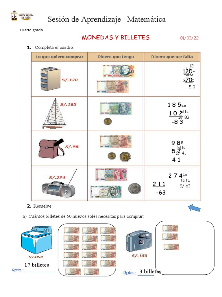Ejercicios de Monedas y Billetes 4° Grado | PDF | Moneda | Mercado de ...
