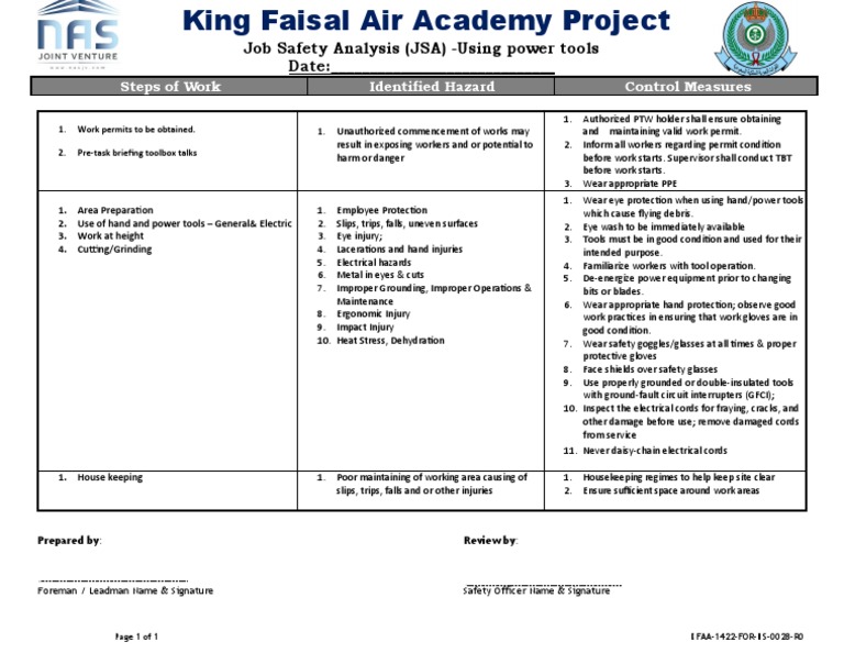 Job Safety Analysis (JSA) - Using Power Tools Date | PDF | Personal ...