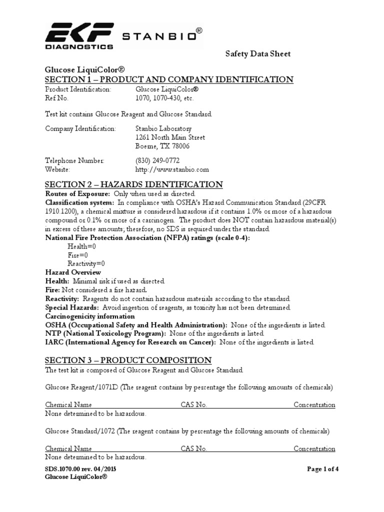 MSDS - Stanbio Glukosa | PDF | Chemistry | Physical Sciences