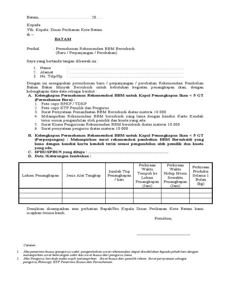 2a. Surat Permohonan Rekom BBM - Kapal Kecil | PDF