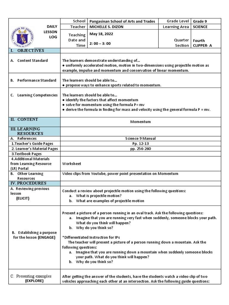 Lesson Plan For Differentiated Instruction (For IPs) | PDF | Momentum ...