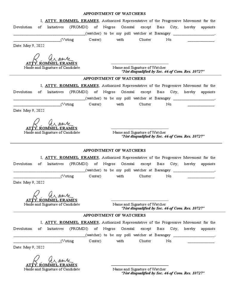 Appointment of Watchers: "Not Disqualified by Sec. 46 of Com. Res ...
