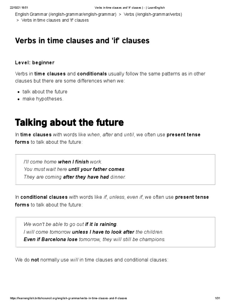 Verbs in Time Clauses and 'If' Clauses - LearnEnglish | PDF | Login ...