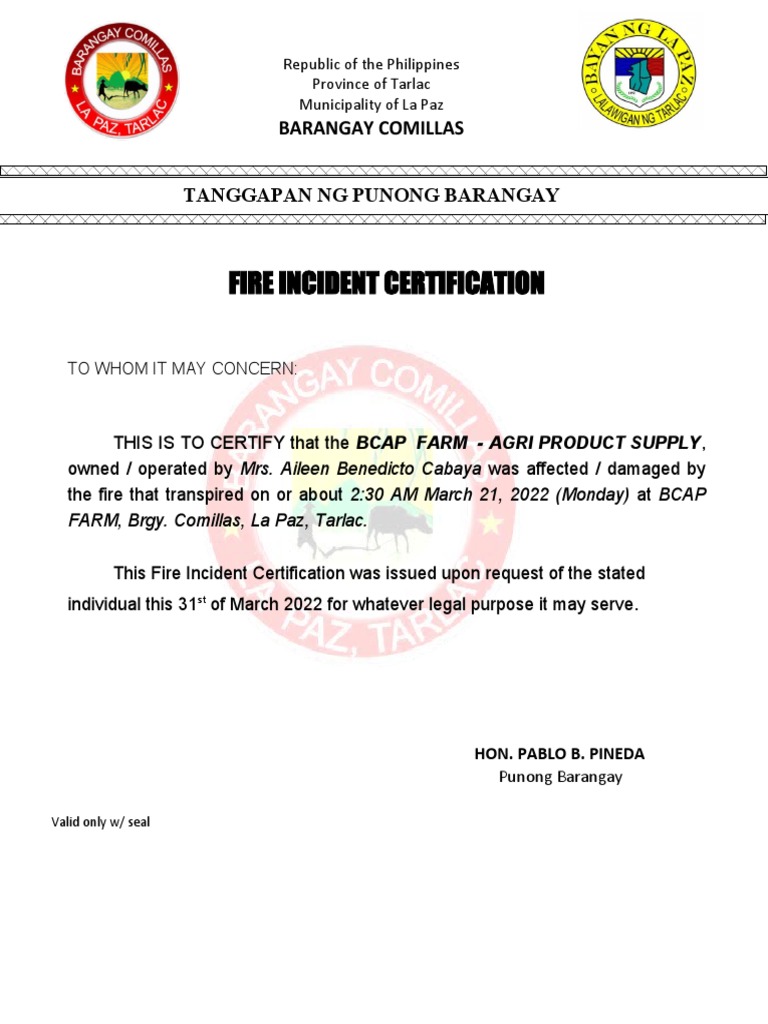 Fire Incident Certification | PDF