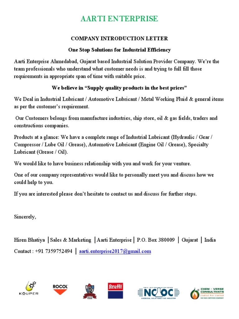 Aarti Enterprise Introduction Letter | PDF | Lubricant | Motor Oil