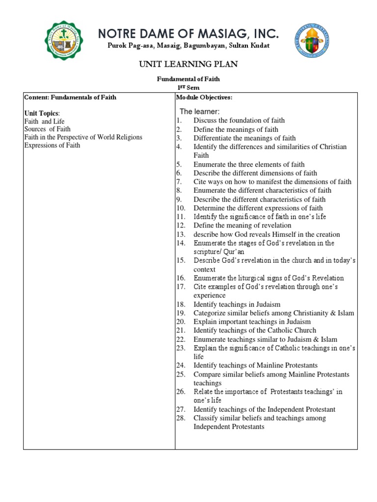 Unit-Learning-Plan FUNDAMENTAL OF FAITH | PDF | Faith | Revelation