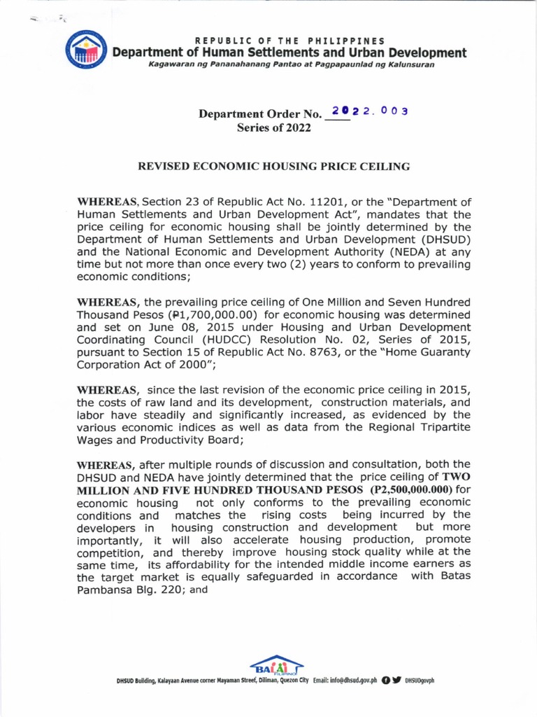 Department Order No. 2022-003 - Revised Economic Housing Price Ceiling ...