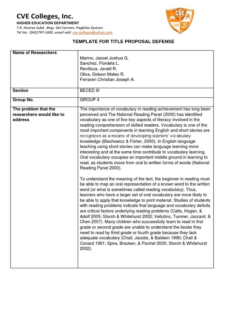 CVE Colleges, Inc.: Template For Title Proposal Defense | Download Free ...