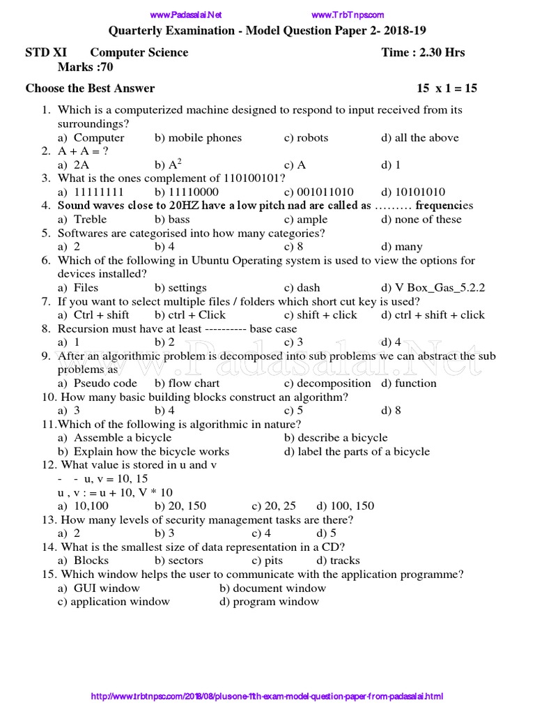 11th Computer Science Quarterly Exam Model Question Paper 2 English Medium | PDF | Operating ...