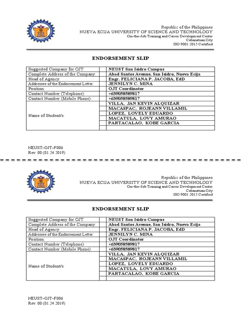 NEUST-OJT-F006 Endorsement Slip | PDF