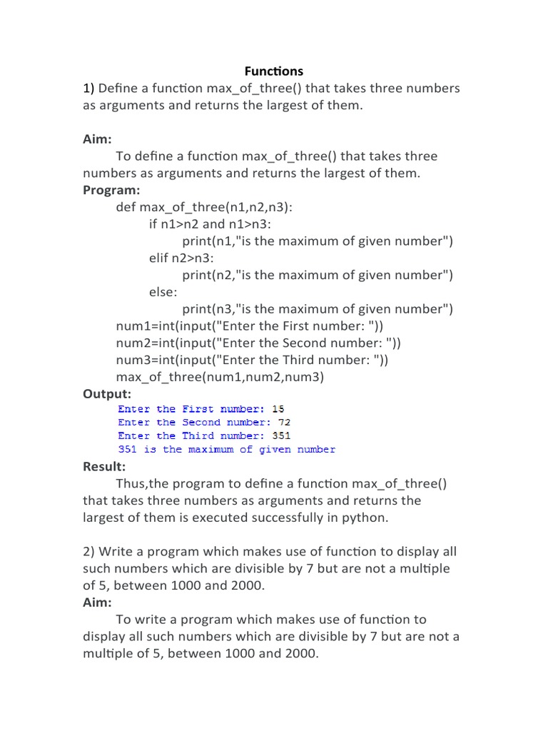 Aim: Program:: Functions | PDF | Function (Mathematics) | Python ...