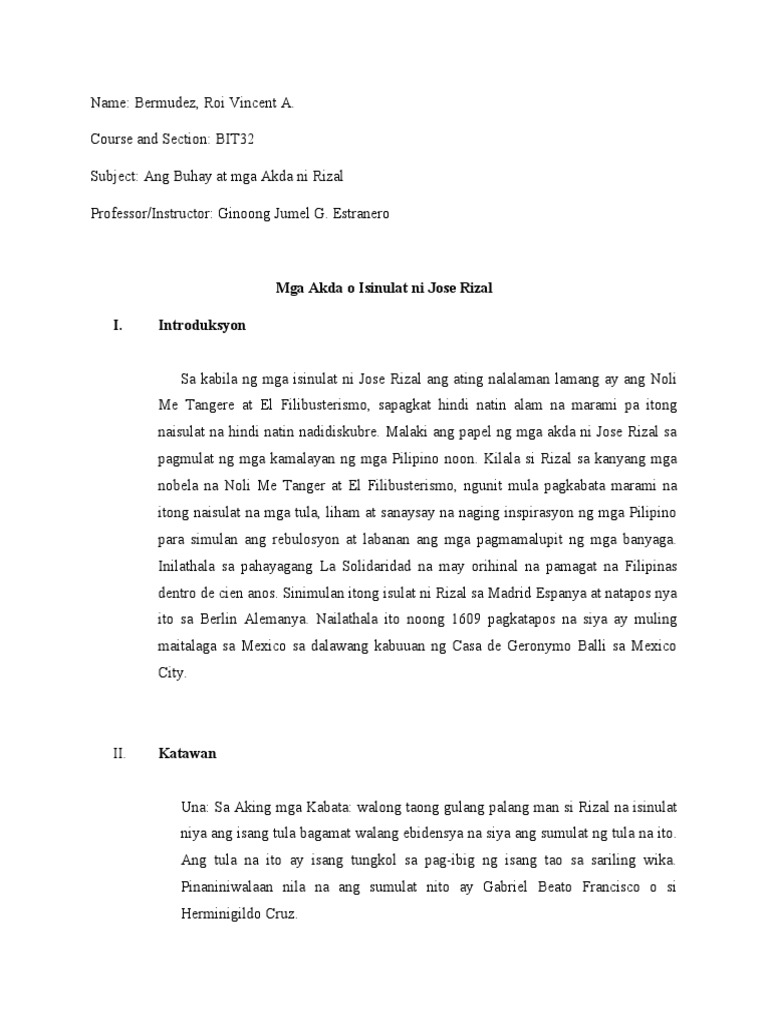 Mga Akda o Isinulat Ni Jose Rizal | PDF