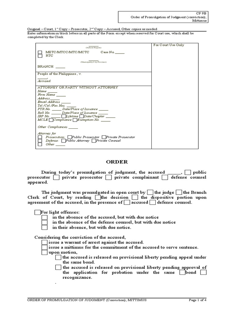 CF 9B Order of Promulgation (Conviction) + Mittimus | PDF | Judgment ...