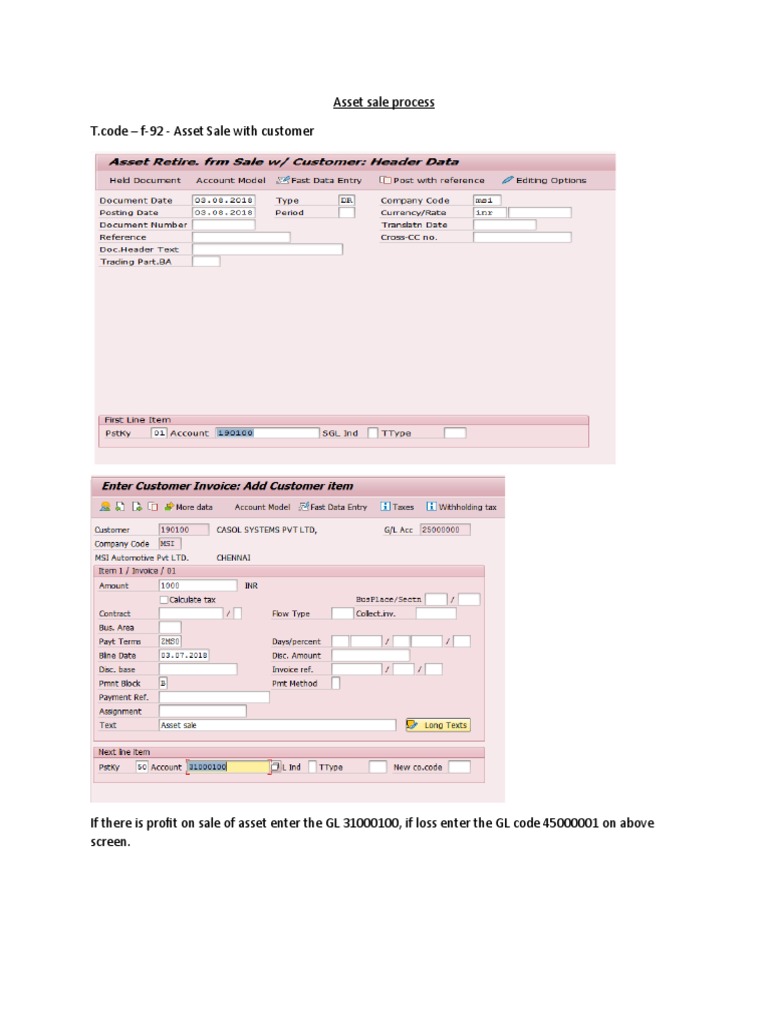 Asset Sale Process T.code - f-92 - Asset Sale With Customer | PDF