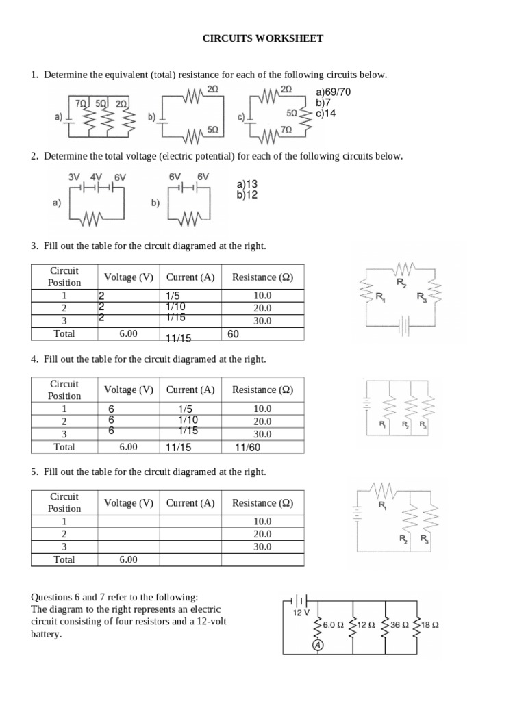 Circuits Worksheet Resistance | PDF | Series And Parallel Circuits ...