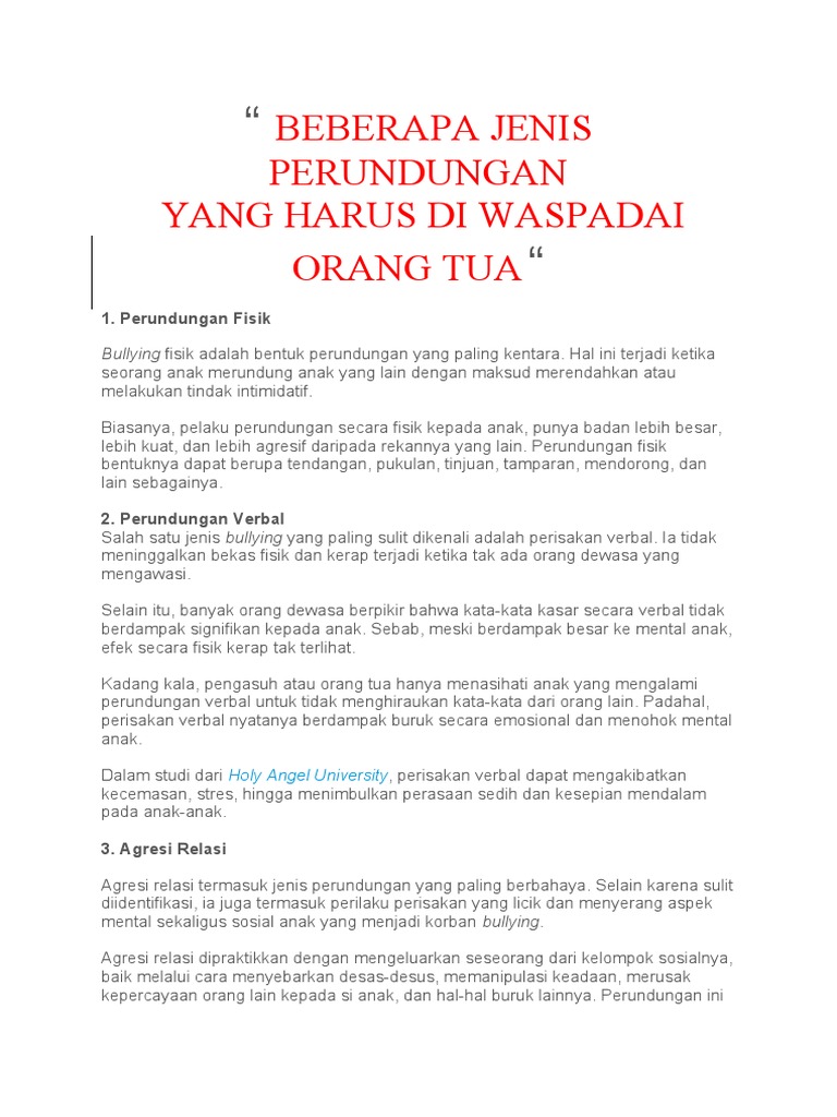 Beberapa Jenis Perundungan Yang Harus Diwaspadai Orang Tua | PDF