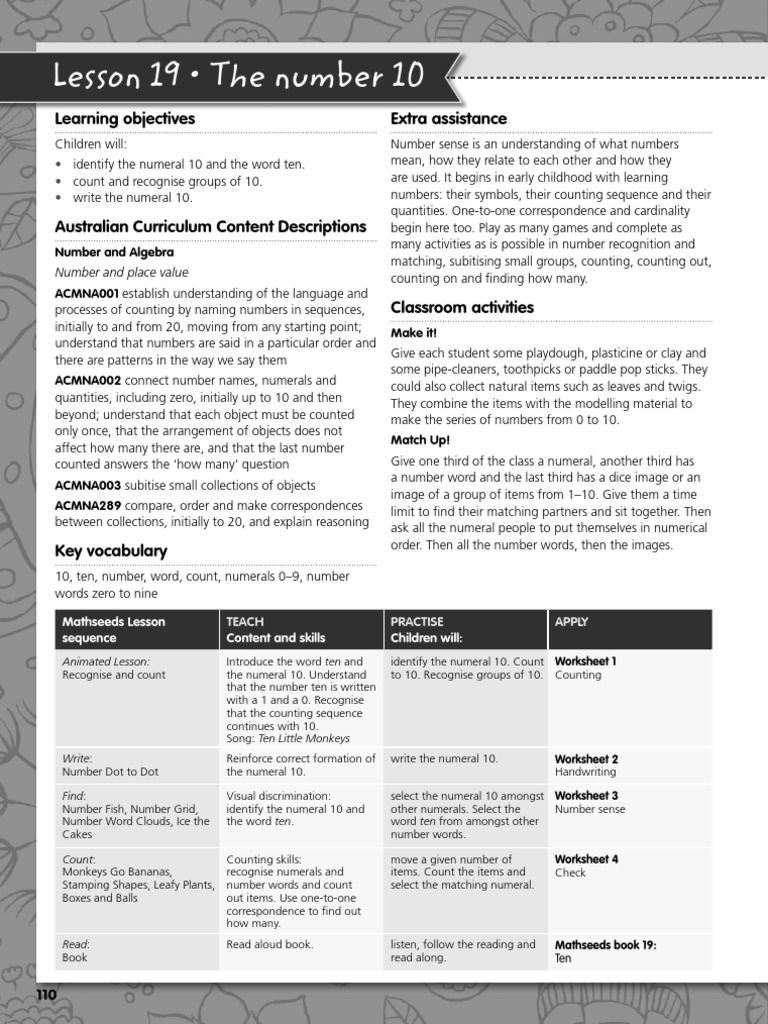 Lesson 19 - The Number 10: Learning Objectives Extra Assistance | PDF ...