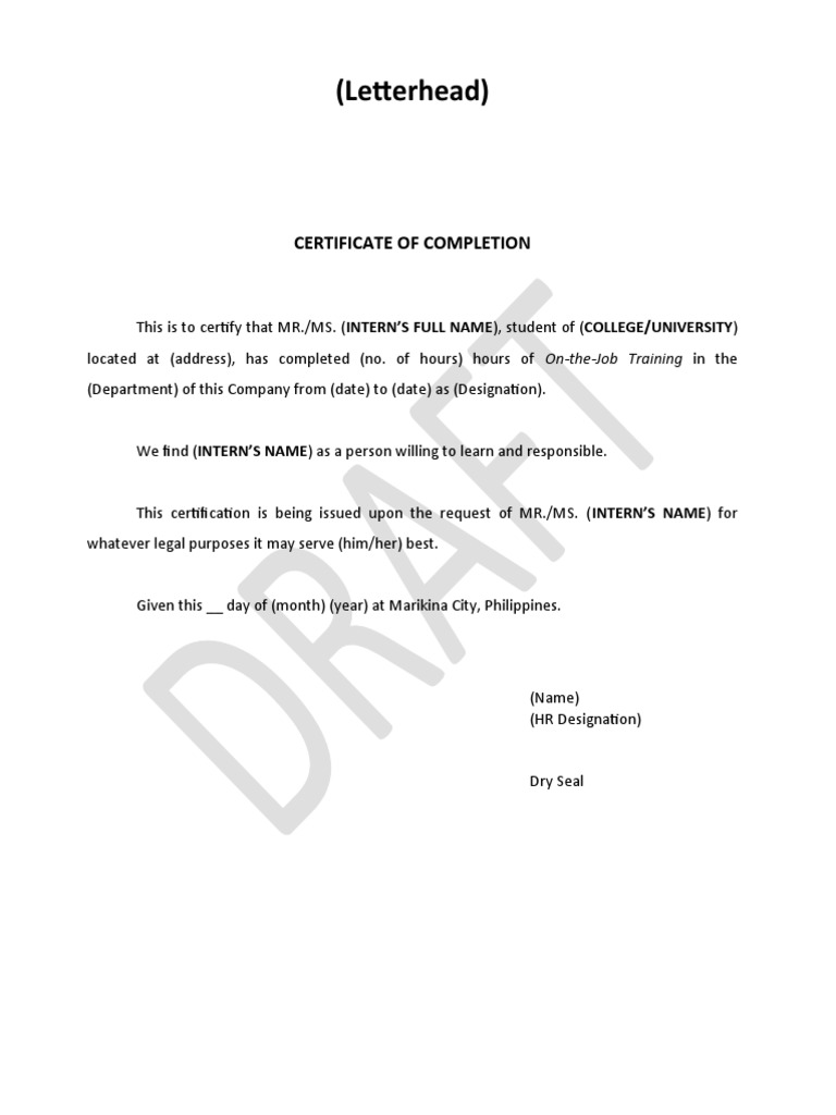 OJT Certificate of Completion Template | PDF
