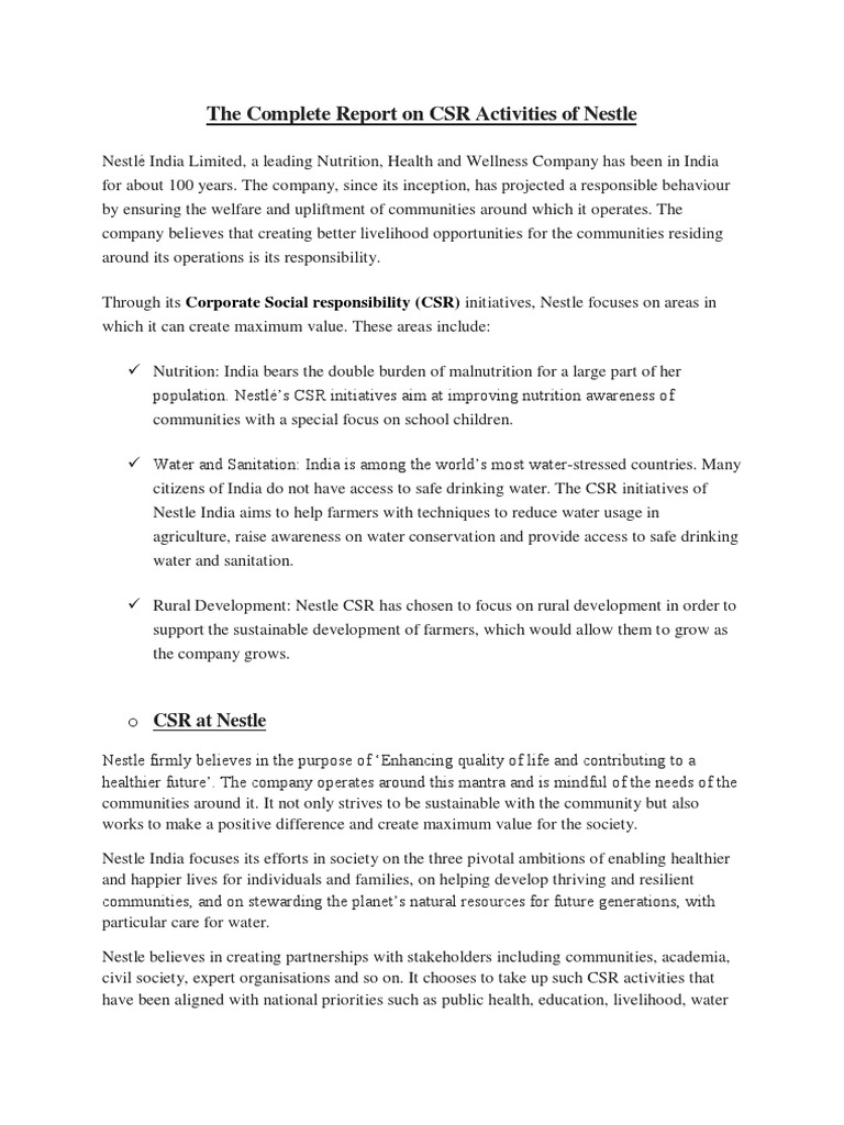 The Complete Report On CSR Activities of Nestle: Corporate Social ...