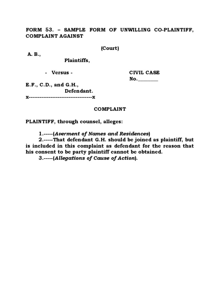 Form 0053 Unwilling Co-Plaintiff, Complaint Against | PDF