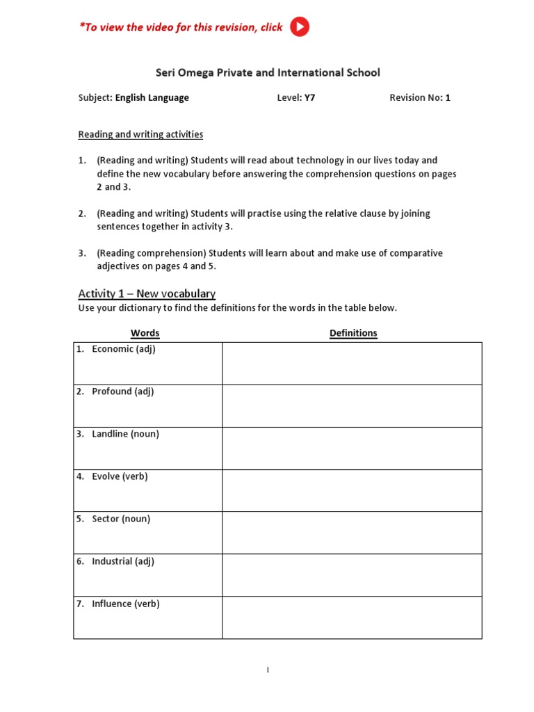 Revision 1 English Y7 | PDF | English Language | Verb