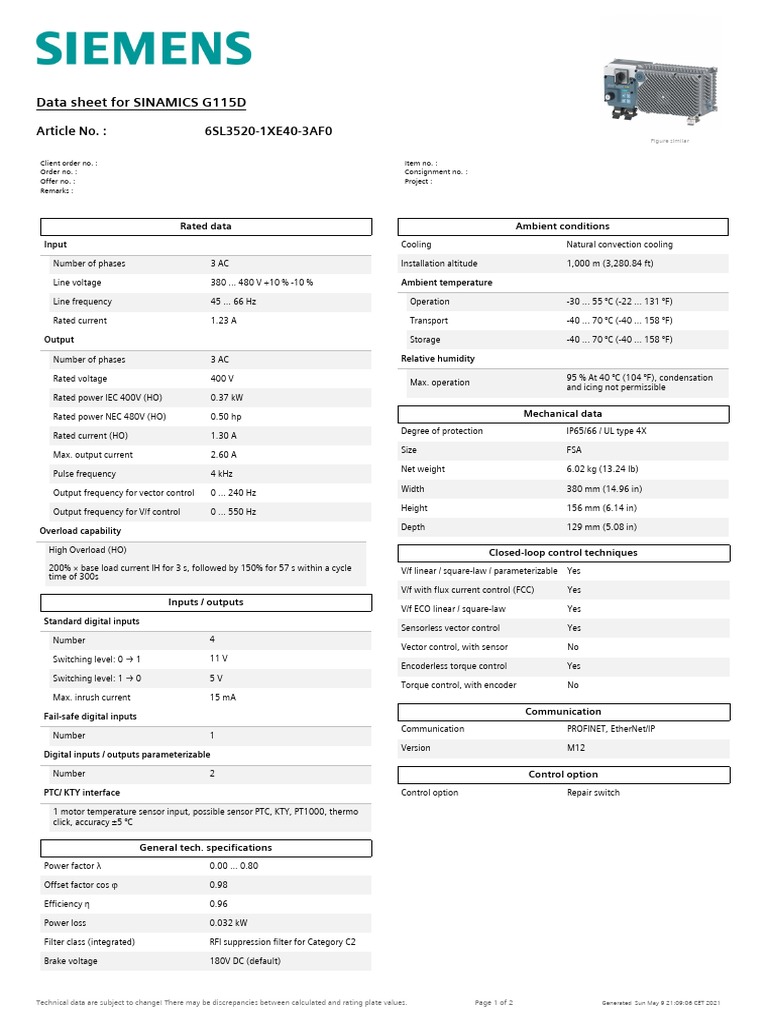 Data Sheet For SINAMICS G115D: Article No.: 6SL3520-1XE40-3AF0 | PDF ...