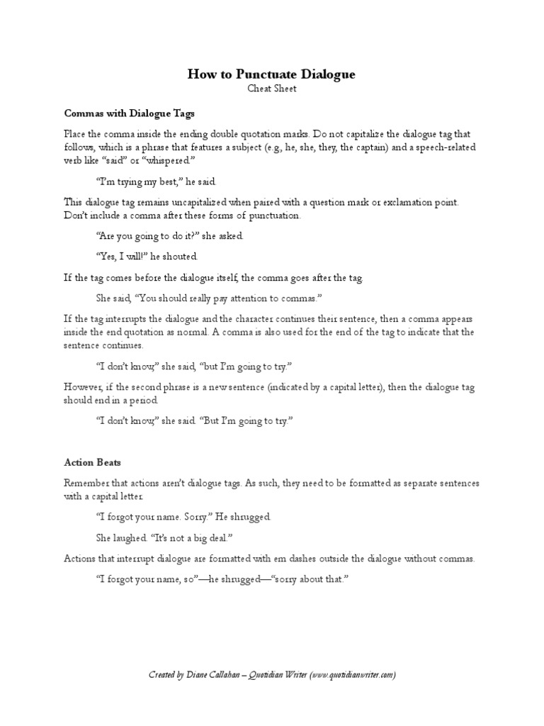 How to Punctuate Dialogue Cheat Sheet | PDF | Comma | Quotation Mark