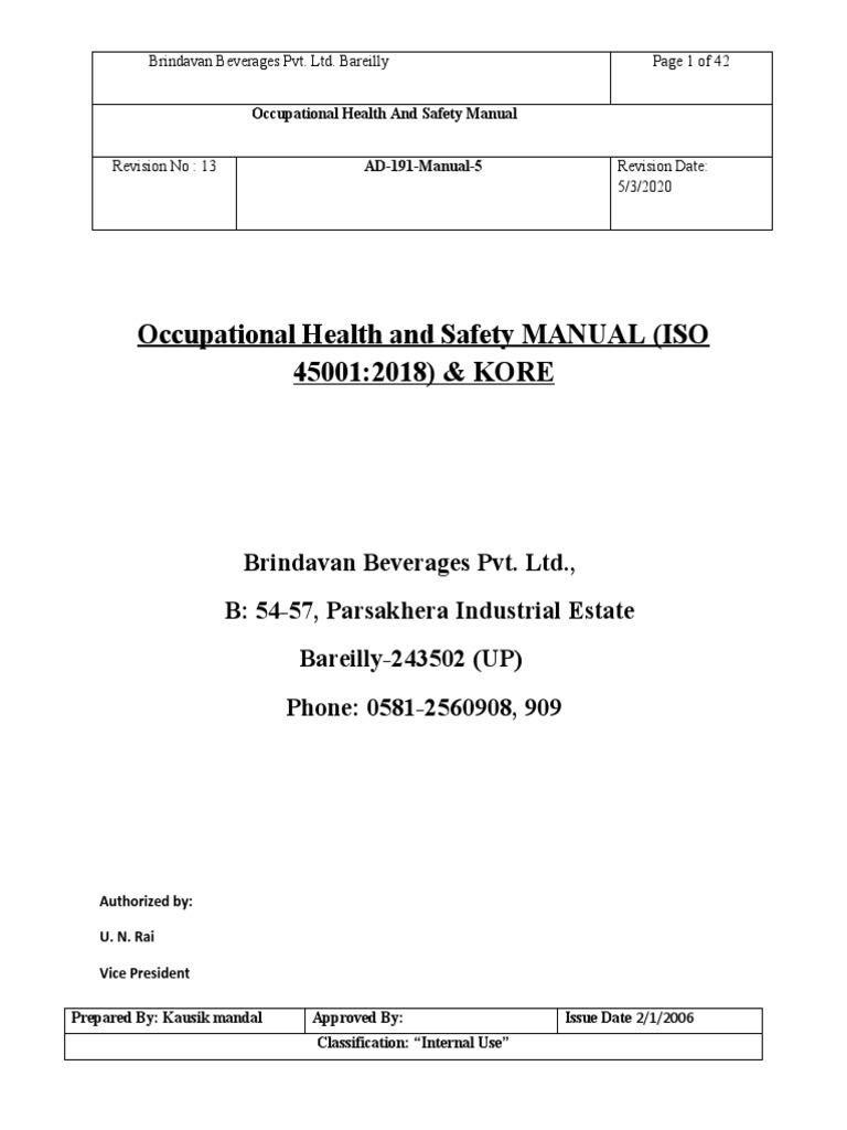 ISO 45001 OHS Manual for Brindavan Beverages | PDF | Occupational ...
