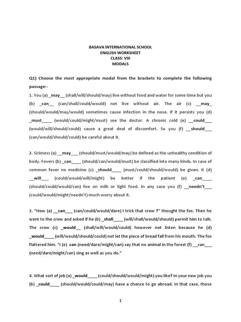 CLASS-8 Answerkey MODALS REVISION WORKSHEET | PDF