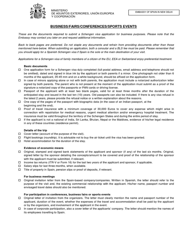 Spain Business Visa Checklist | Download Free PDF | Travel Visa | Passport
